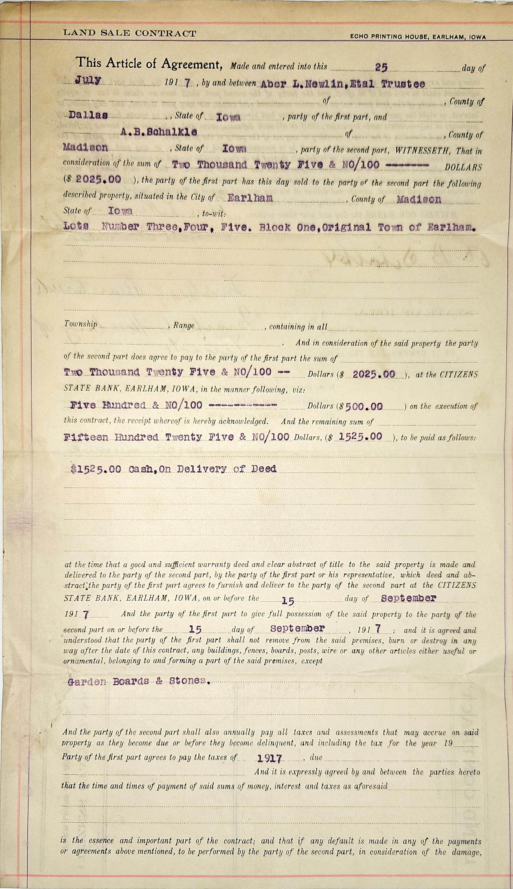 Earlham Property Deed July 25 1917 – Bear Creek Friends Historical ...