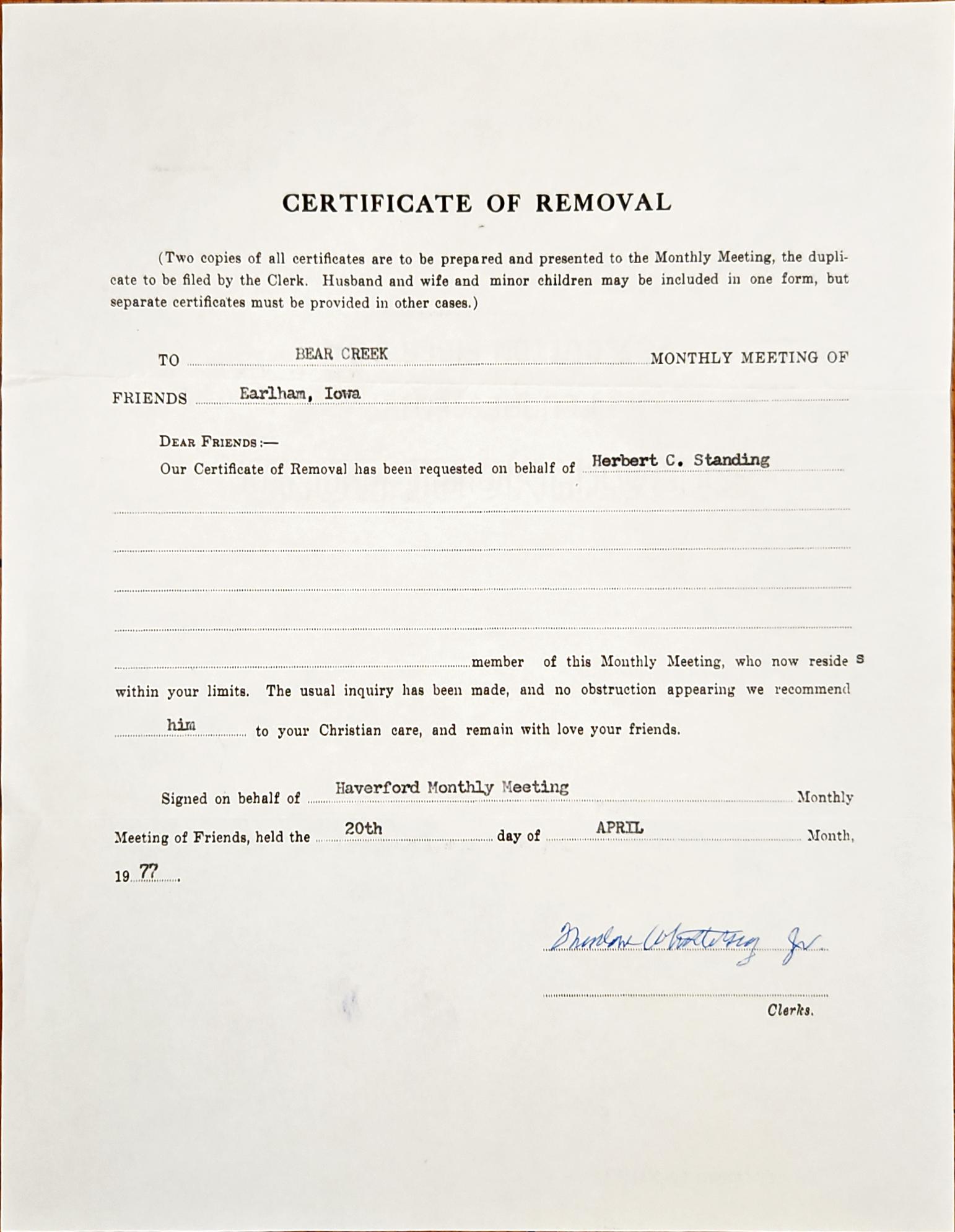 Certificate of Removal of Herbert C Standing from Haverford Monthly ...